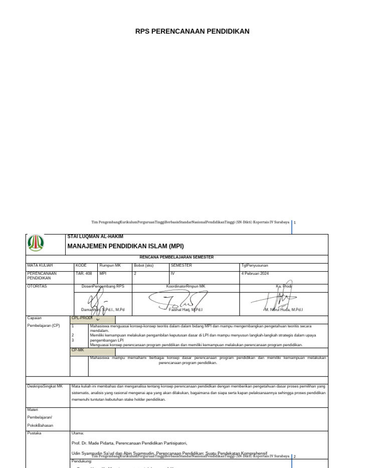 RPS PERENCANAAN PENDIDIKAN Rev | PDF