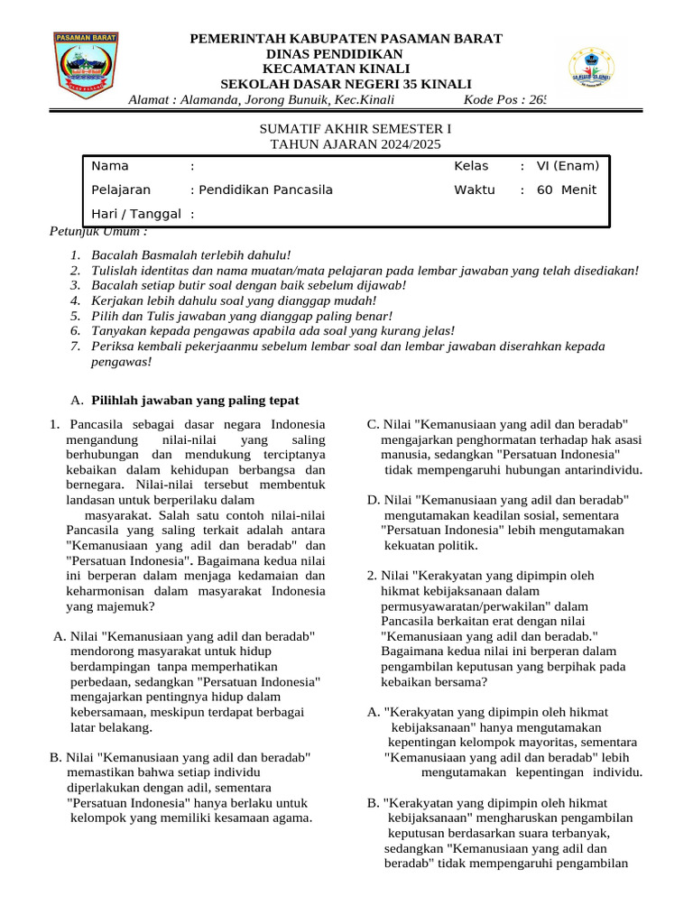 SOAL PKN SAS 1 | PDF