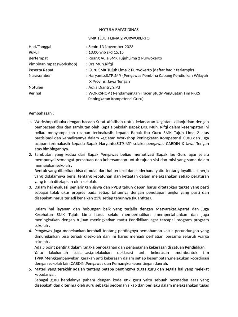 NOTULA RAPAT DINAS Workshop | PDF