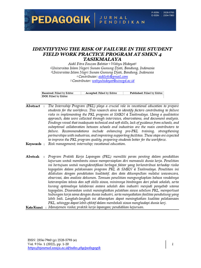 Identifying The Risk of Failure in The Student Field Work Practice ...