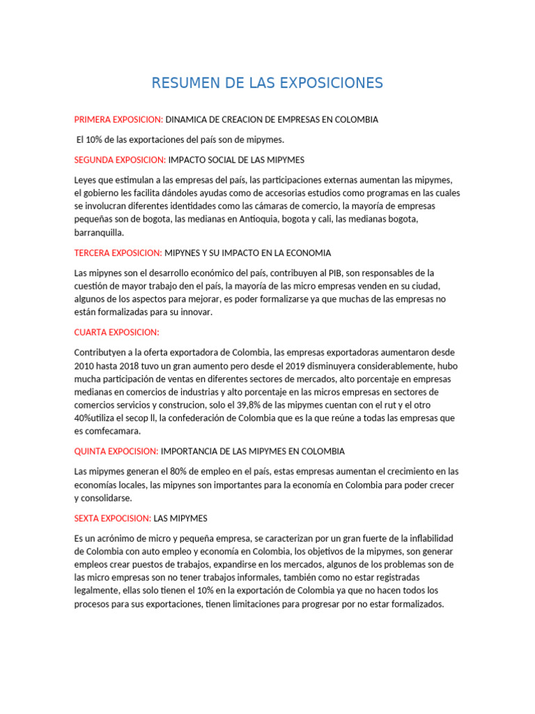 Resumen de Las Exposiciones | PDF | Pequeñas y medianas empresas | Colombia