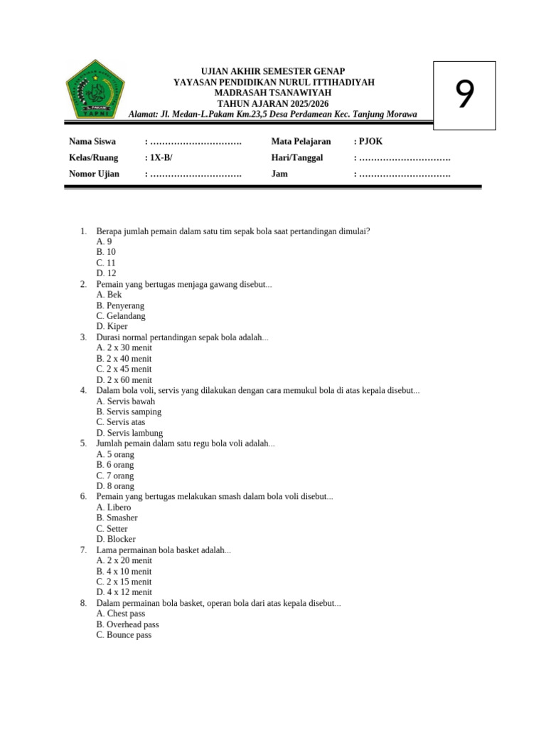 soal pjok kelas 9 | PDF