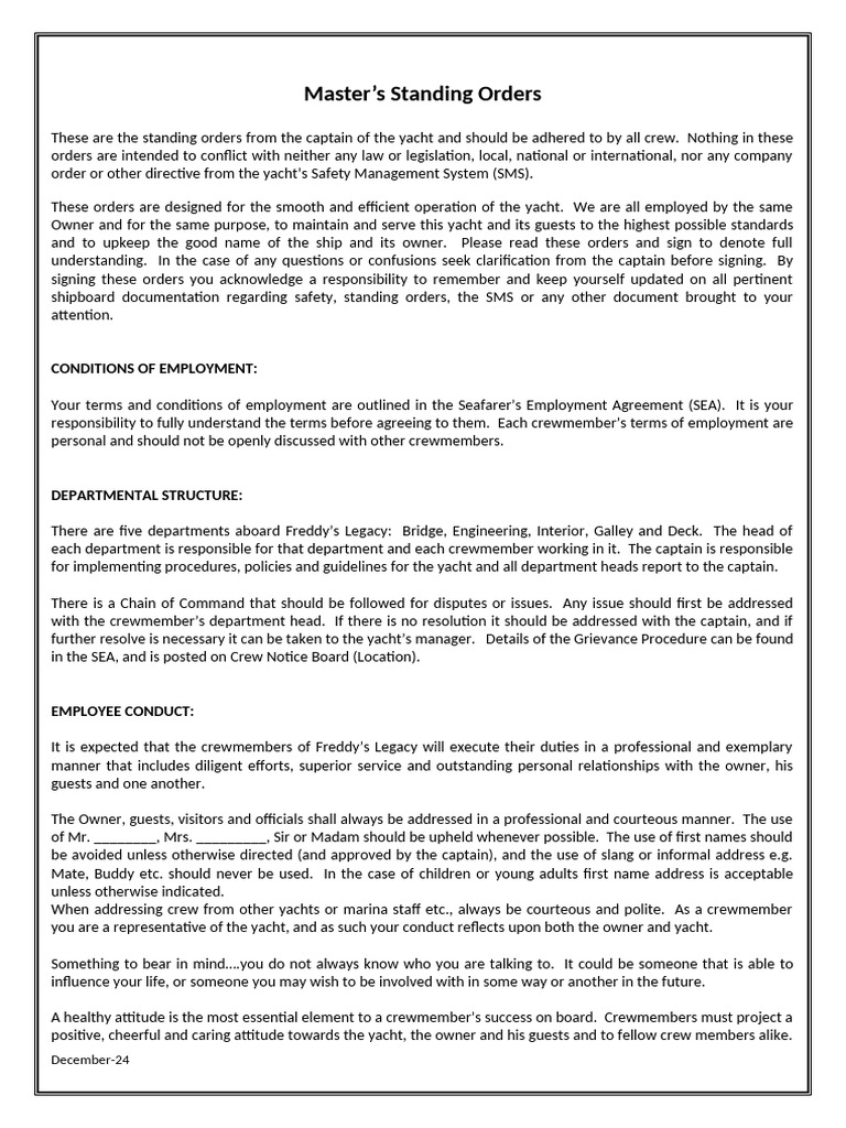 Freddy's Legacy Master's Standing Orders | PDF | Sea Captain