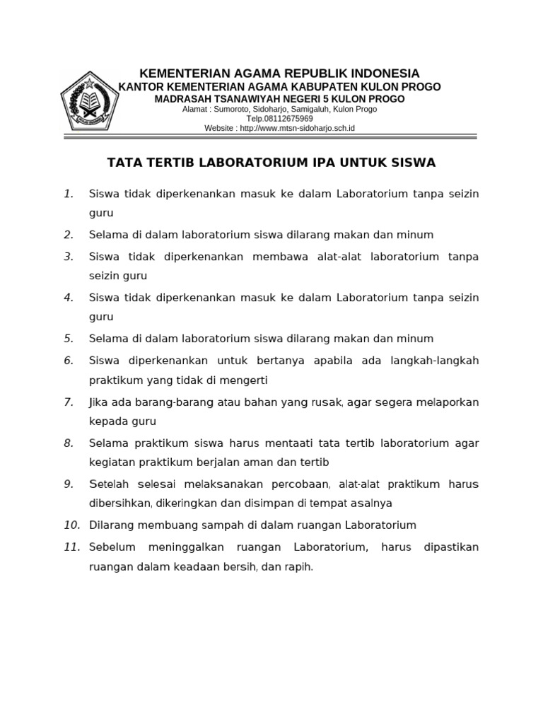 Tata Tertib Siswa Lab IPA | PDF