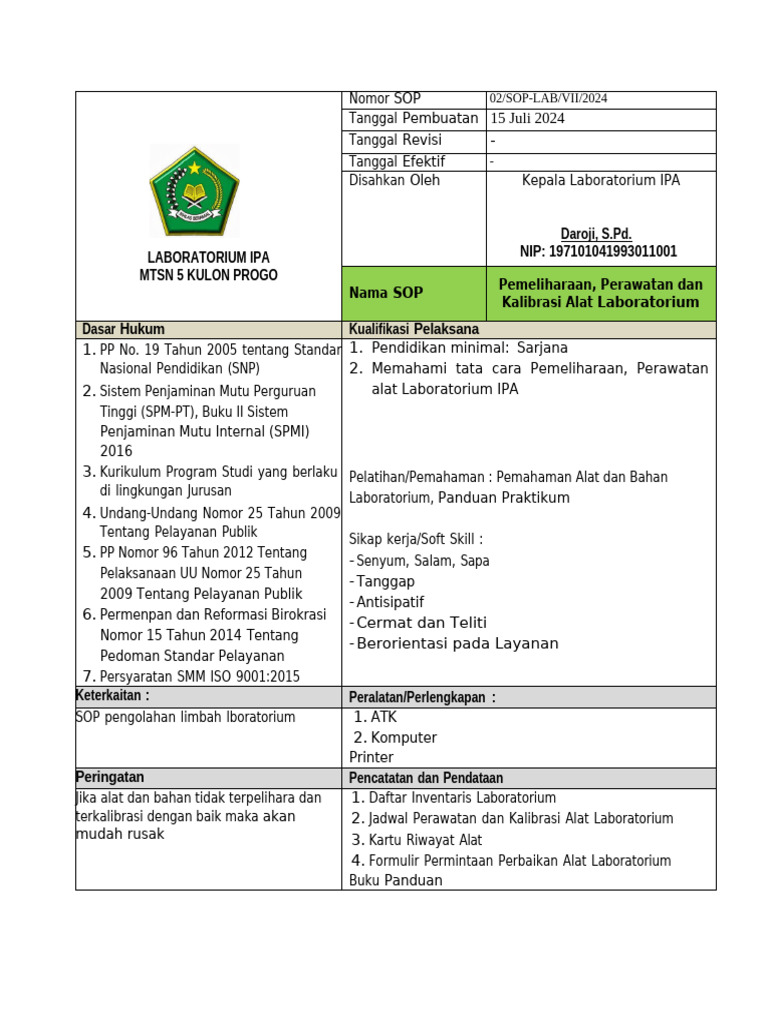 SOP Pemeliharaan Alat Laboratorium | PDF