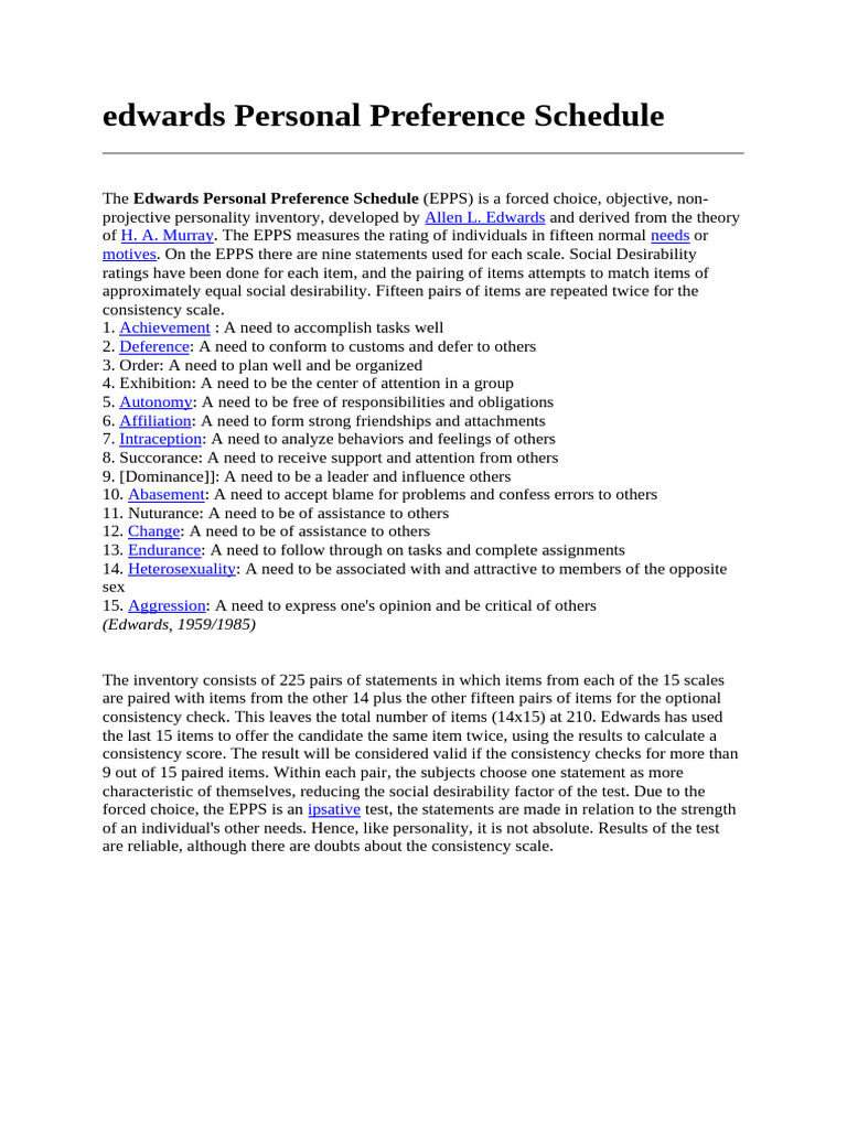 Edwards Personal Preference Schedule | PDF
