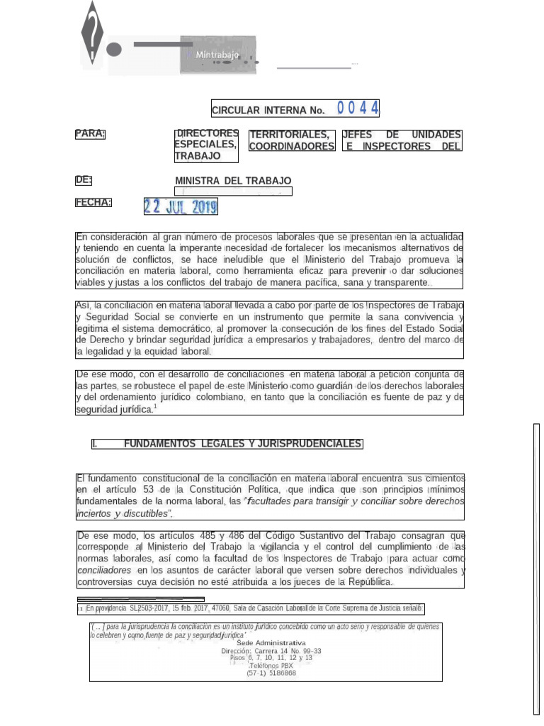 Circular 044 Minitserio de Trabajo | PDF | Derecho laboral | Ley procesal