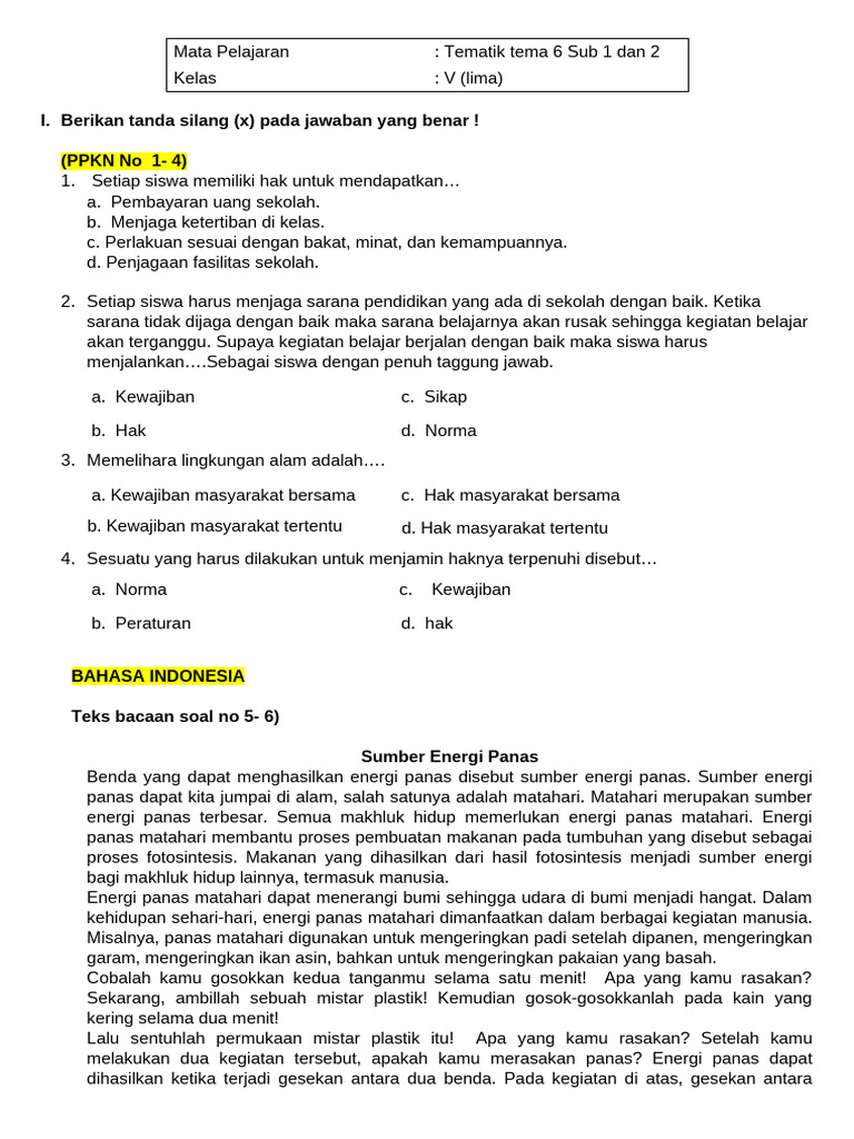 Soal PTS Kelas 5 Tema 6 Sub 1 Dan 2 | PDF