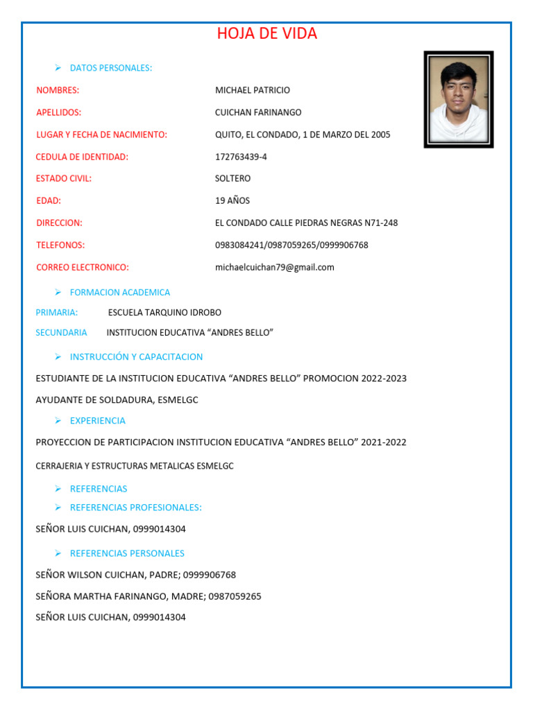 hoja de vida MICHAEL CUICHAN actualizado | PDF