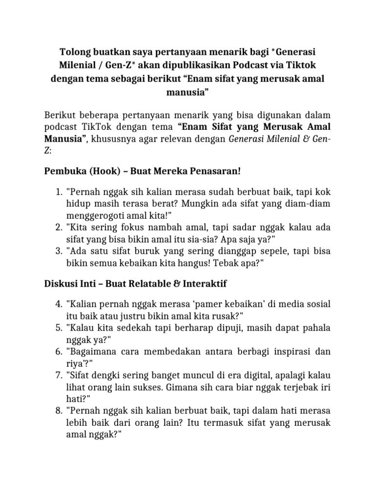 Pertanyaan 6 Sifat Yang Merusak Amal Manusia | PDF