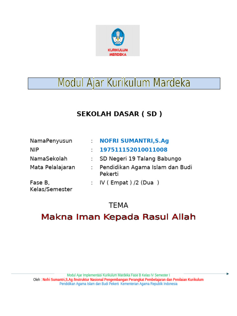 Modul Ajar Kelas 4 Makna Iman Kepada Rasul Allah | PDF