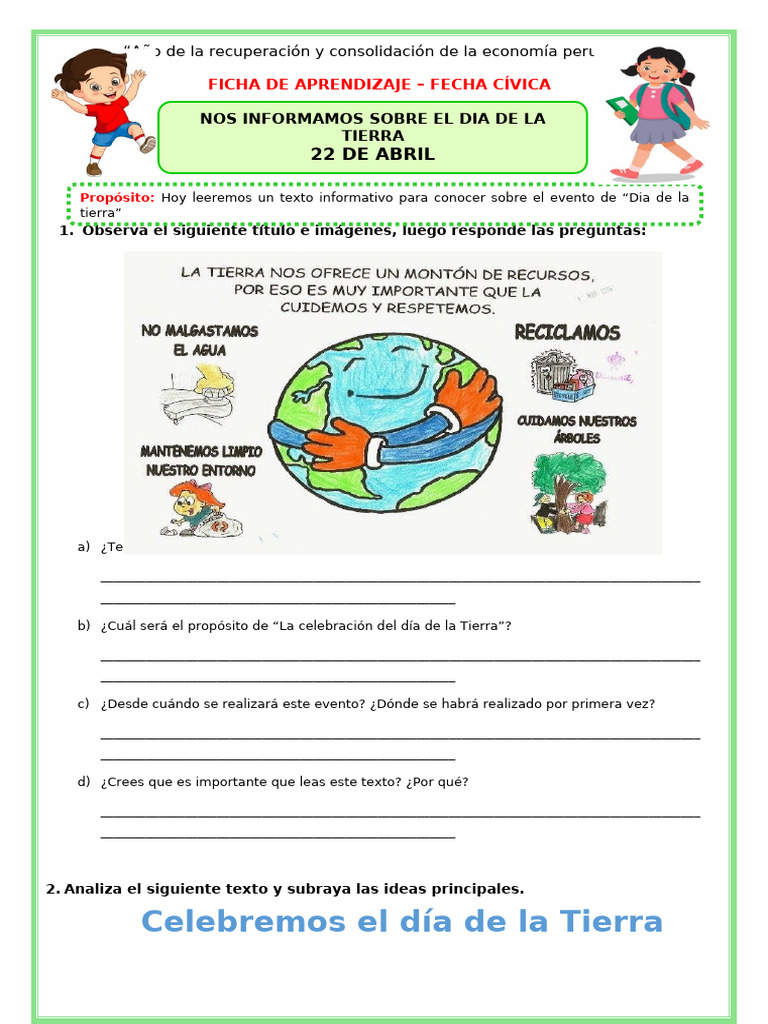 FICHA-MART-FECHA CÍVICA-DIA DE LA TIERRA | PDF | Tierra | Residuos