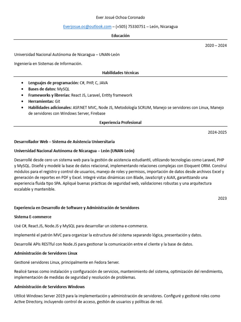 CV - Ever Ochoa-1 | PDF | Mi sql | Informática