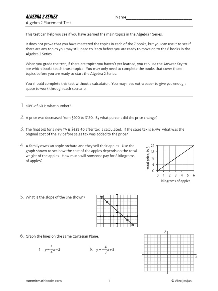 Algebra 2 Placement Test | PDF | Inequality (Mathematics ...
