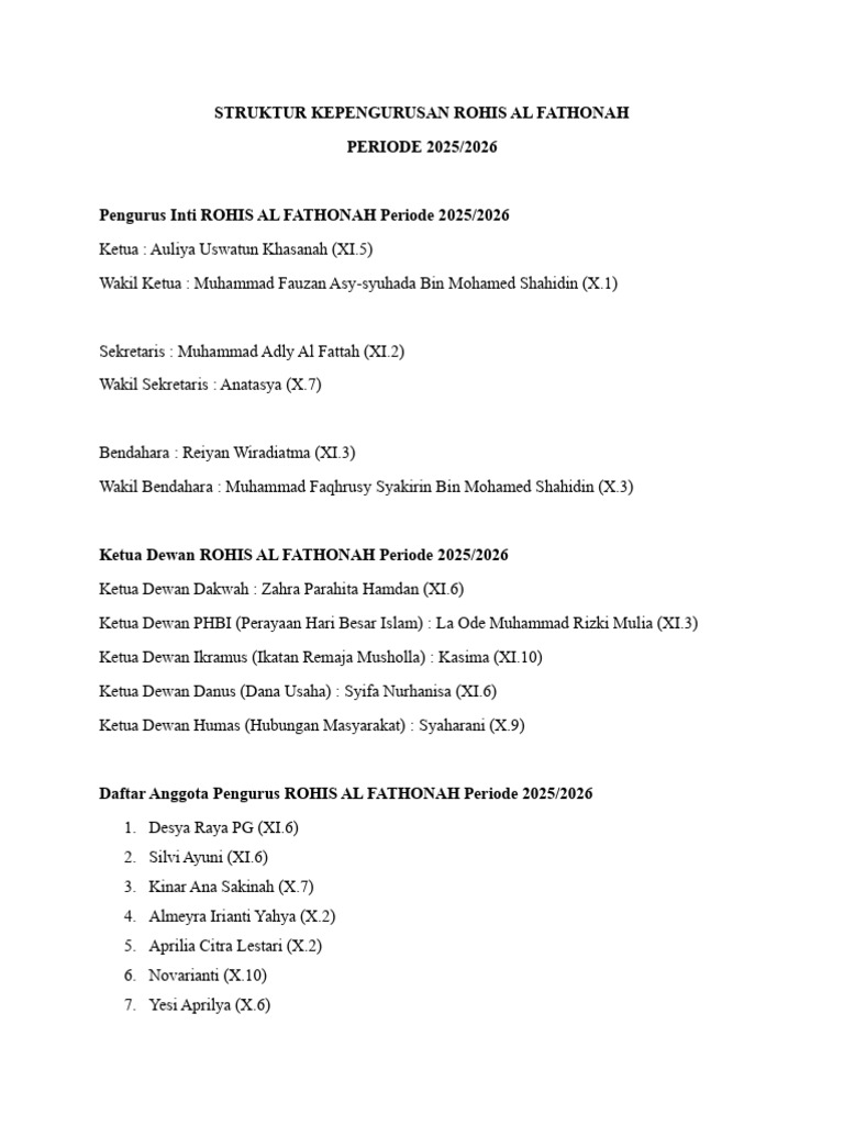 Struktur Kepengurusan ROHIS Al Fathonah | PDF