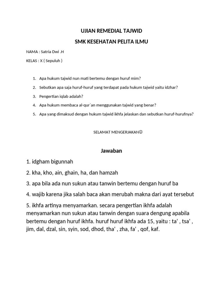 Ujian Remedial Tajwid Satria Dwi - H Kelas X | PDF