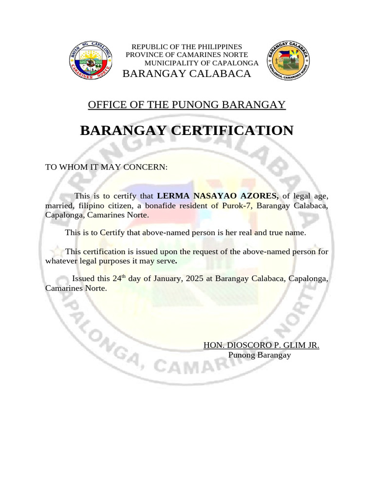 Barangay Certification | PDF