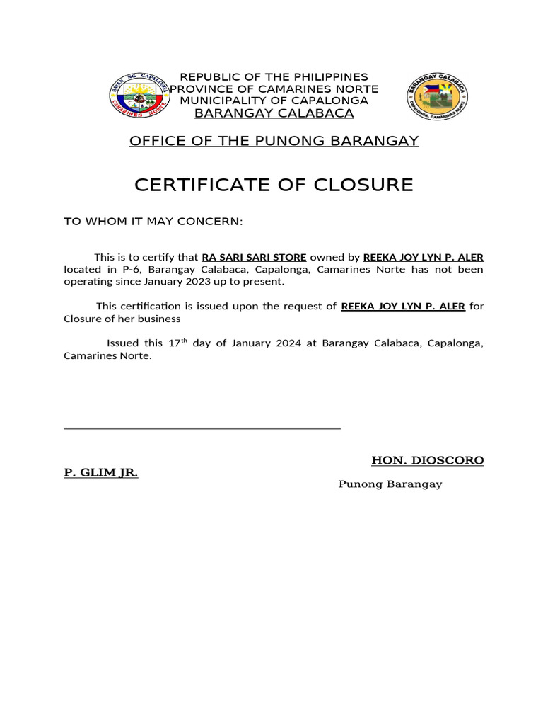 Certificate of Closure | PDF