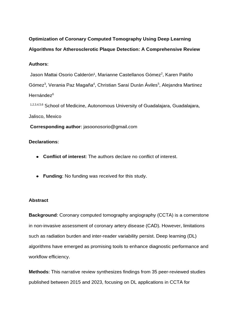 Optimization of Coronary Computed Tomography Using Deep Learning Algorithms for Atherosclerotic ...