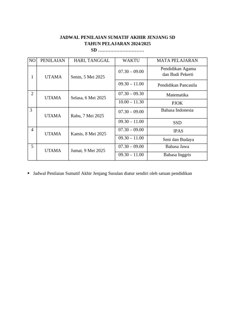 Rev. Jadwal Psaj SD Tahun Pelajaran 2024-2025 | PDF