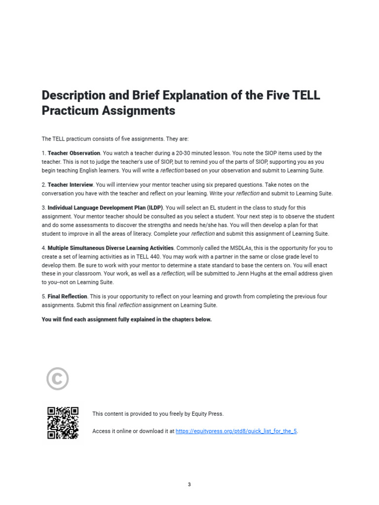 Description and Brief Explanation of The Five TELL Practicum Assignments | PDF