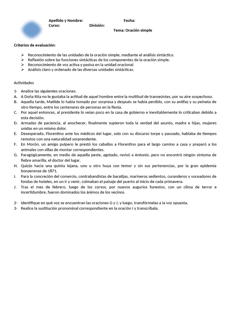 Oración Simple-Actividad Práctica | PDF