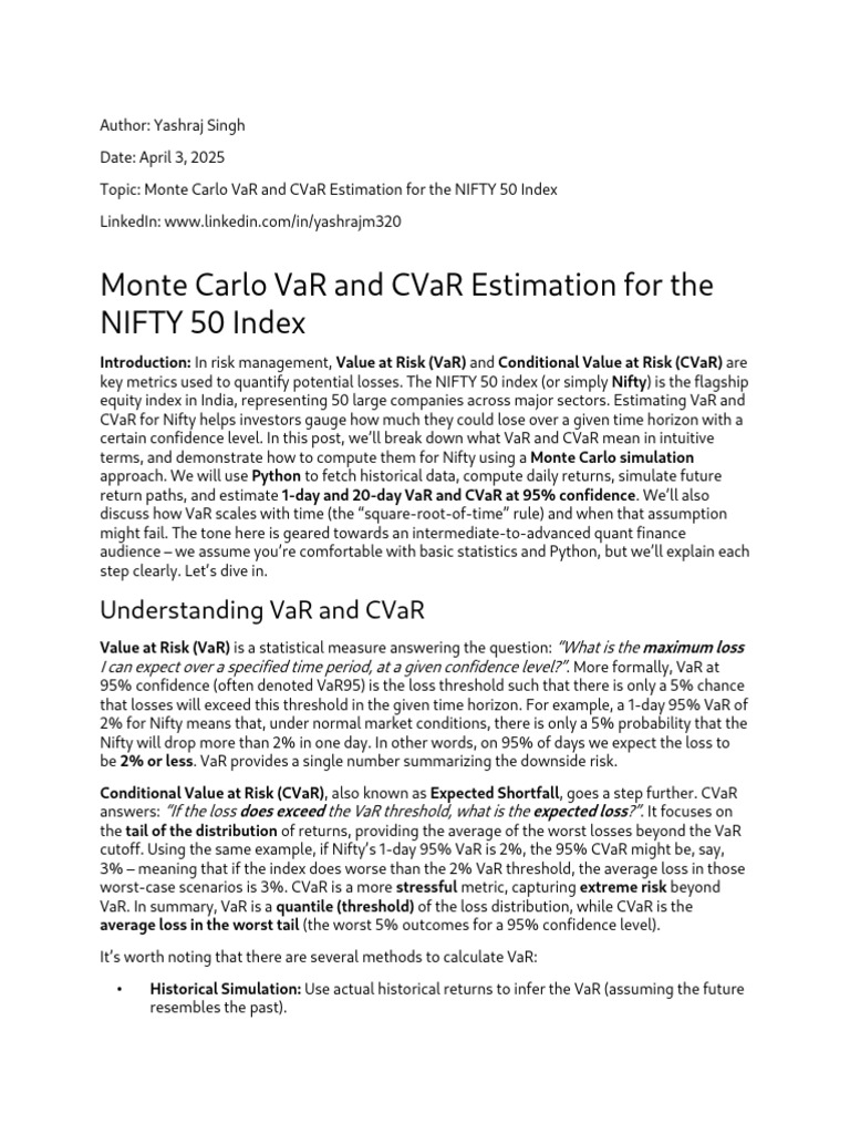 Monte Carlo VaR and CVaR Estimation for the NIFTY 50 Index | PDF | Value At Risk | Volatility ...