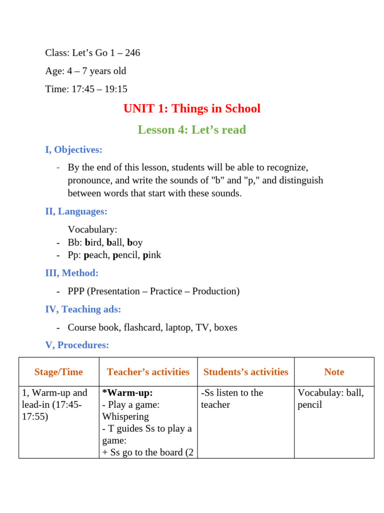 Lesson Plan - Let's Go 1 - 2,4,6 | PDF | Vocabulary | Applied Linguistics