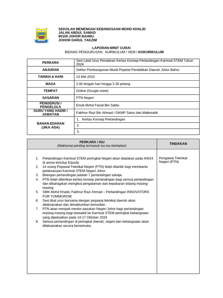 Minit Curai Sesi Libat Urus | PDF
