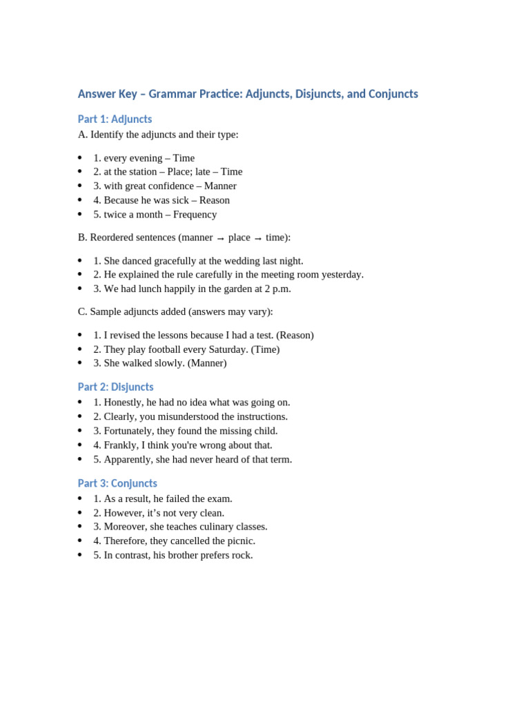 Answer Key Grammar Adjuncts Disjuncts Conjuncts | PDF