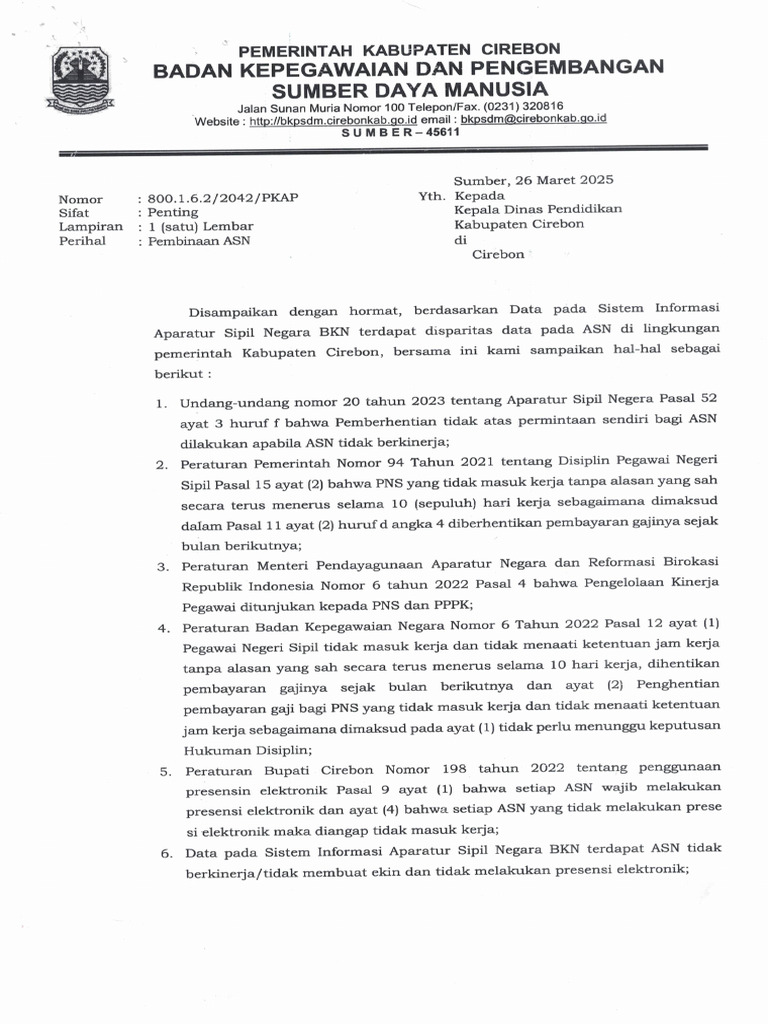 Surat Terguran Dari BKPSDM Terkait PMM Dan Absensi Mpras | PDF