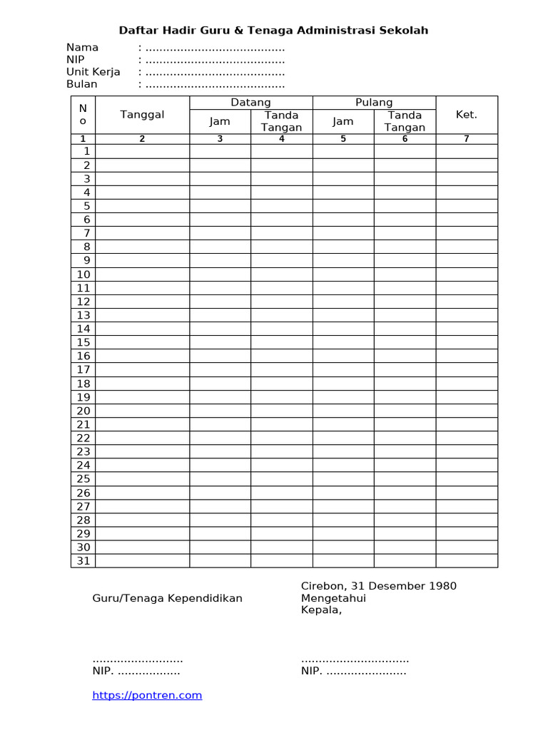 Format Absen Guru Bulanan | PDF