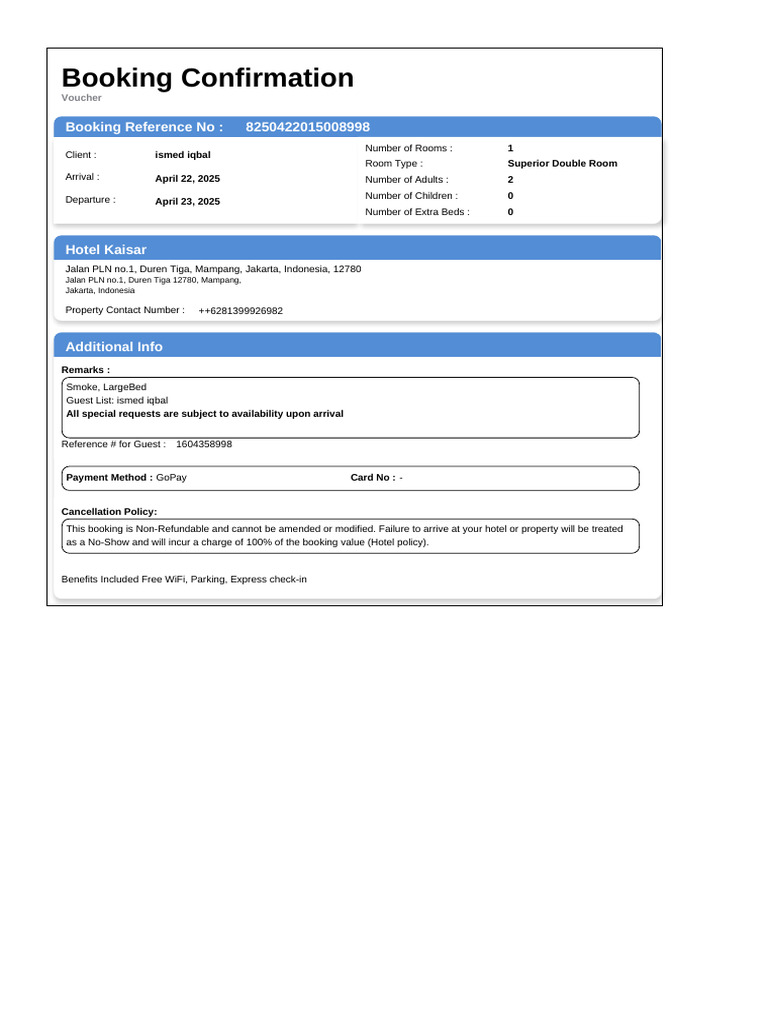 Confirmation For Booking ID # 1604358998 | PDF
