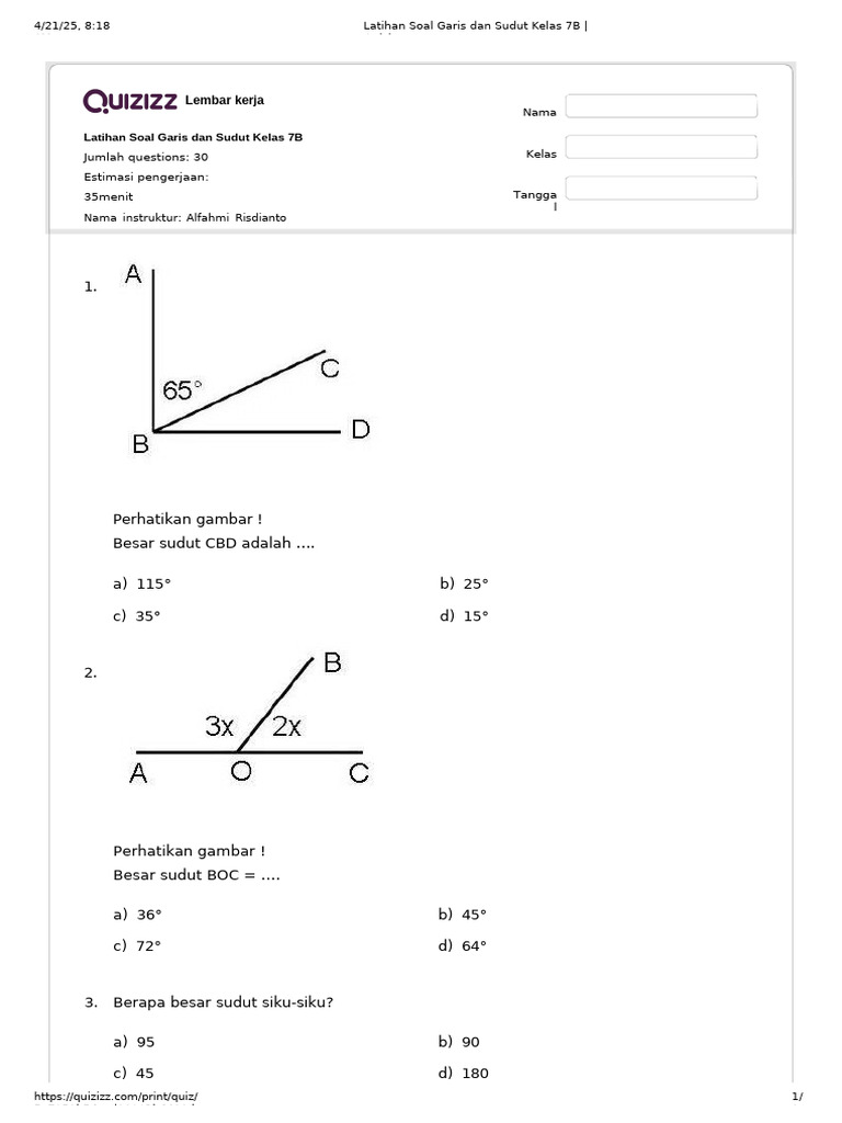 Latihan Soal Garis Dan Sudut Kelas 7B - Quizizz | PDF