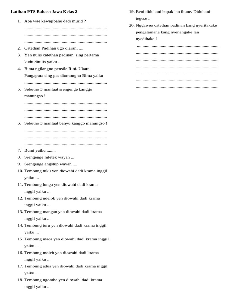 Latihan PTS 2 Bahasa Jawa Kelas 2 | PDF