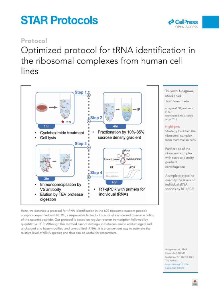 Optimized Protocol For tRNA Identification in The Ribosomal Complexes ...