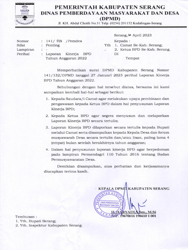 Surat Laporan Kinerja BPD TA 2022 | PDF