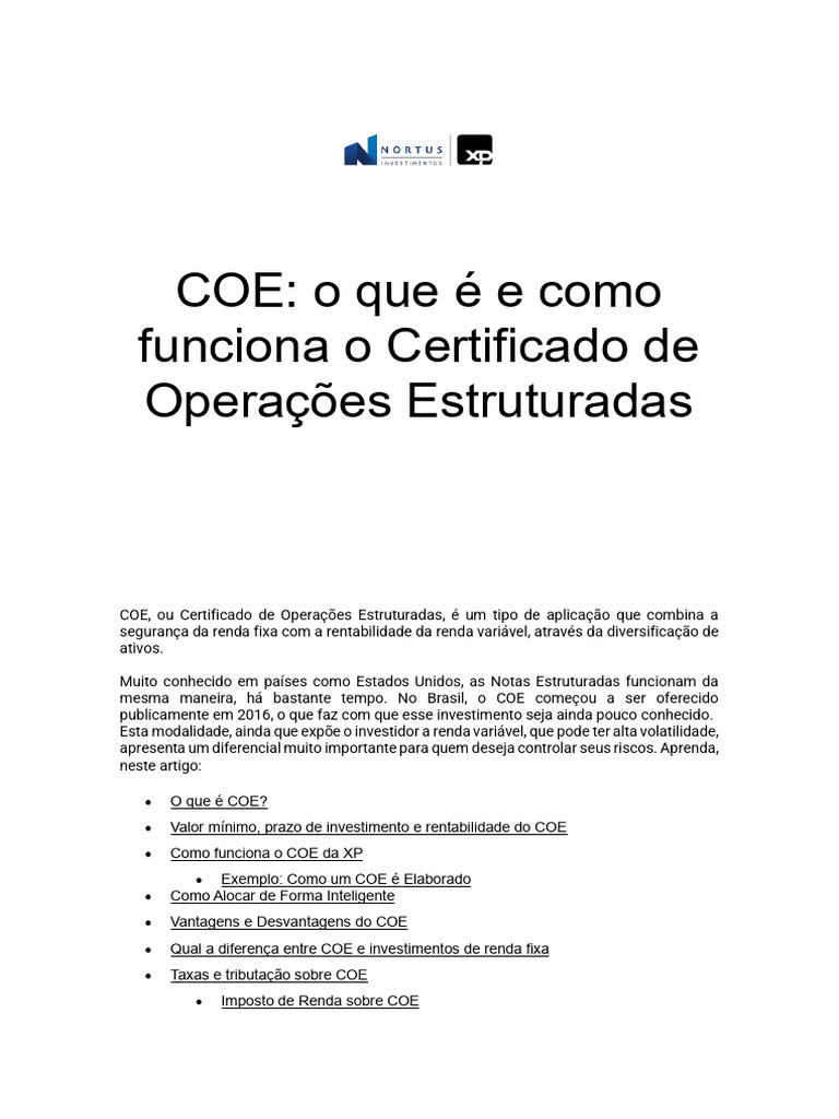 O Que e e Como Funciona o COE | PDF | Renda fixa | Impostos