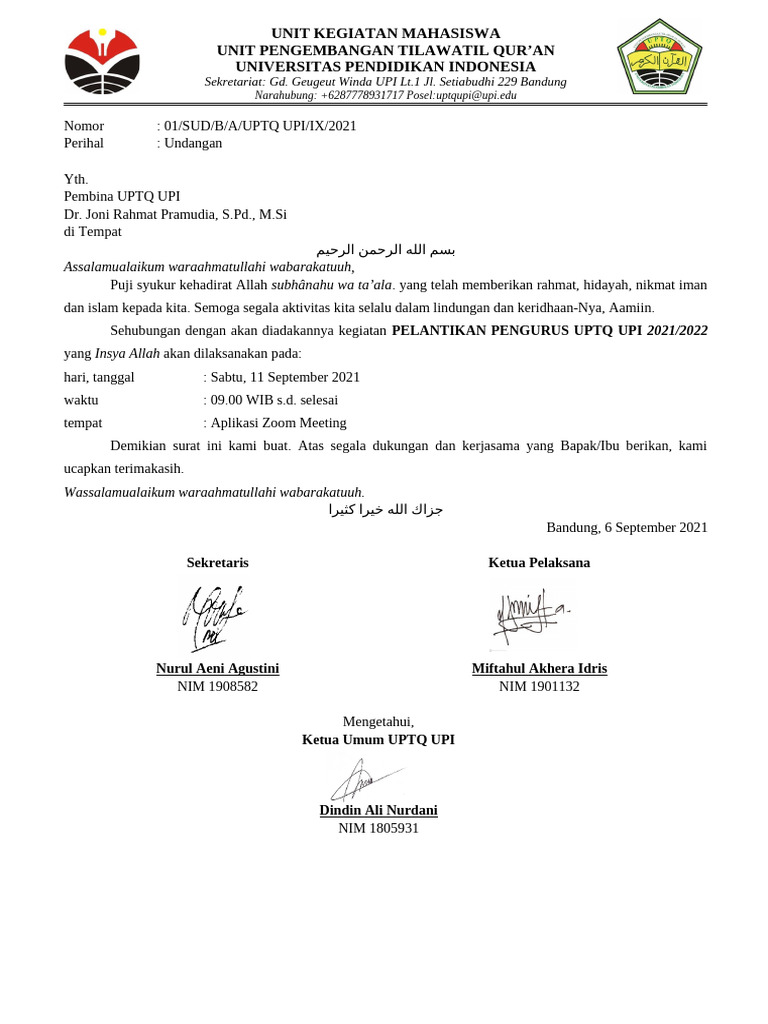 Undangan Pelantikan Pengurus UPTQ UPI | PDF