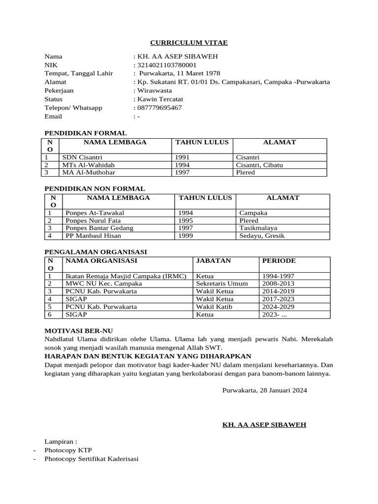 CV KH. AA Asep Sibaweh | PDF