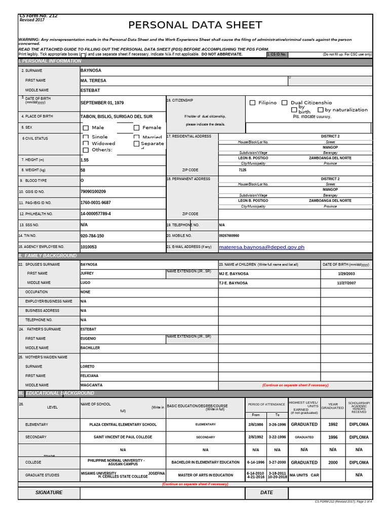 032117 CS Form No. 212 Revised Personal Data Sheet New | PDF