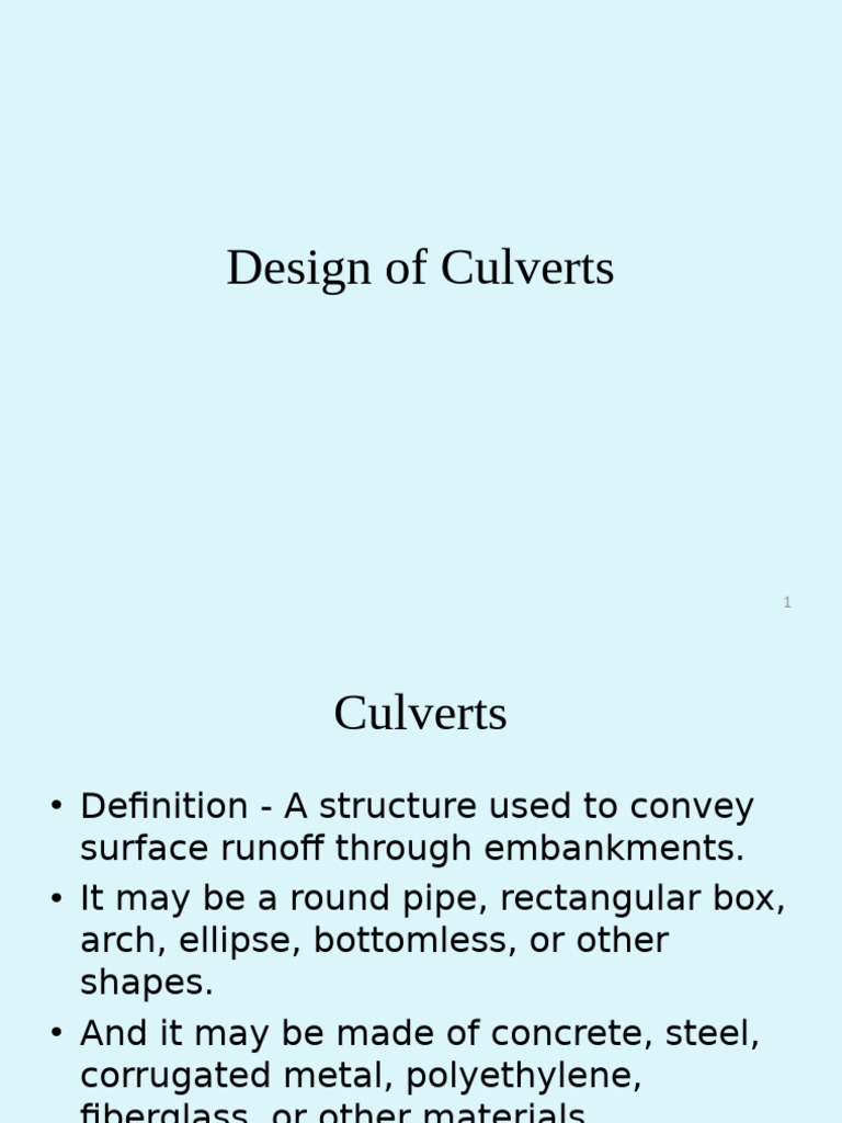 CE154 - Lecture 8-9 Culvert Design | PDF | Civil Engineering | Chemical ...