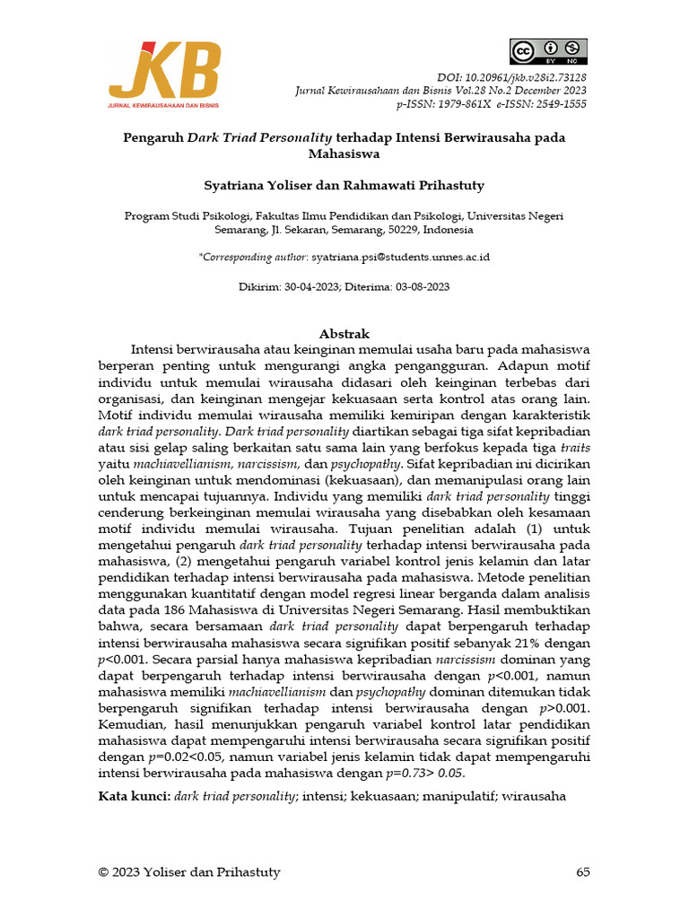 Pengaruh Dark Triad pada Intensi Wirausaha | PDF