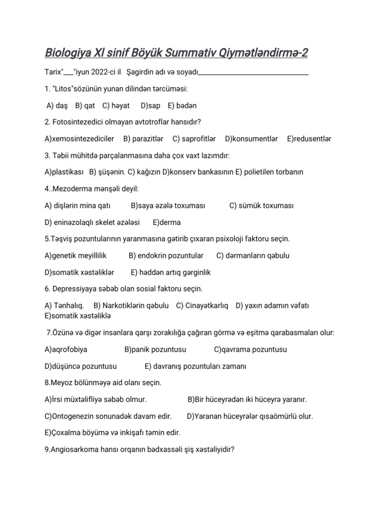 11ci sinif biologiya bsq-2 | PDF