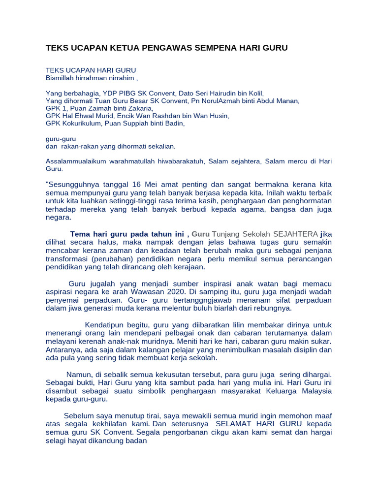 Teks Ucapan Ketua Pengawas Sempena Hari Guru | PDF
