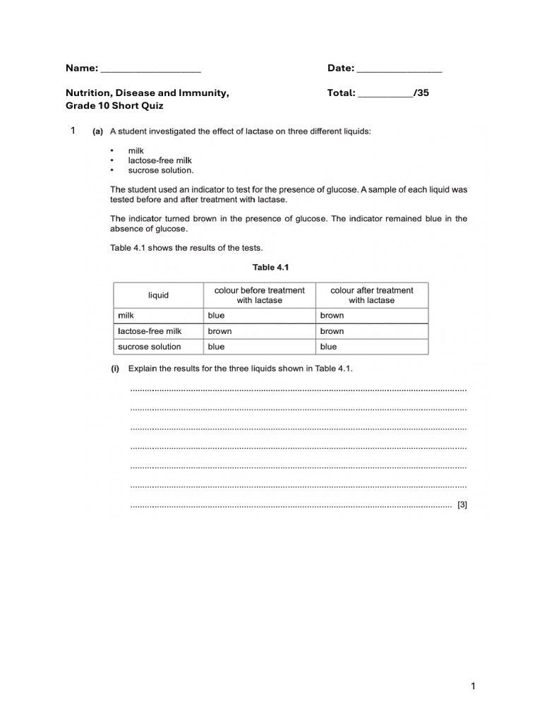 G10 - Disease and Immunity - Nutrition - Short Quiz | PDF