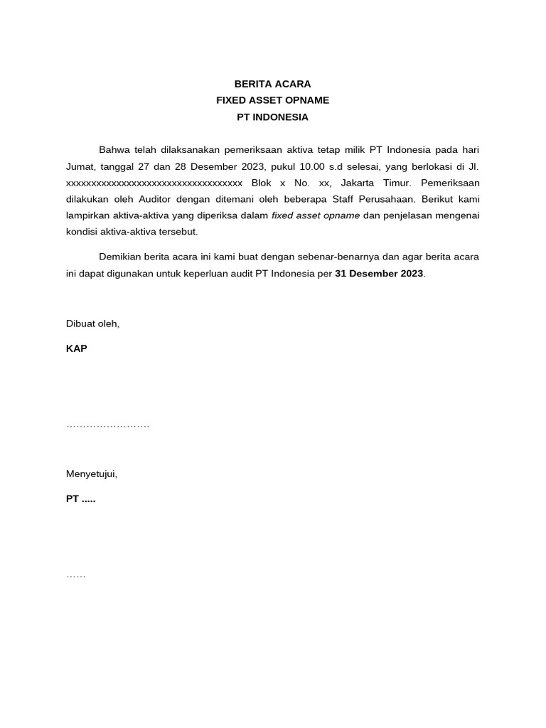 Berita Acara Opname Aktiva Tetap PT Indonesia | PDF