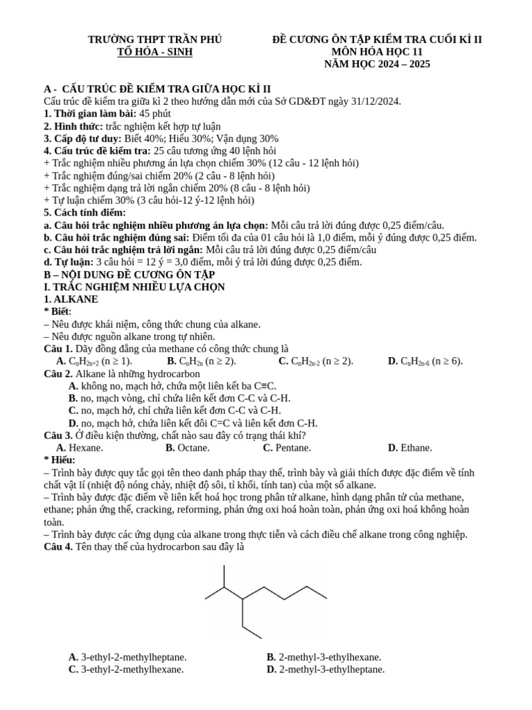 Đề Cương Ôn Tập GK2-Hóa 11.HS.24-25 | PDF