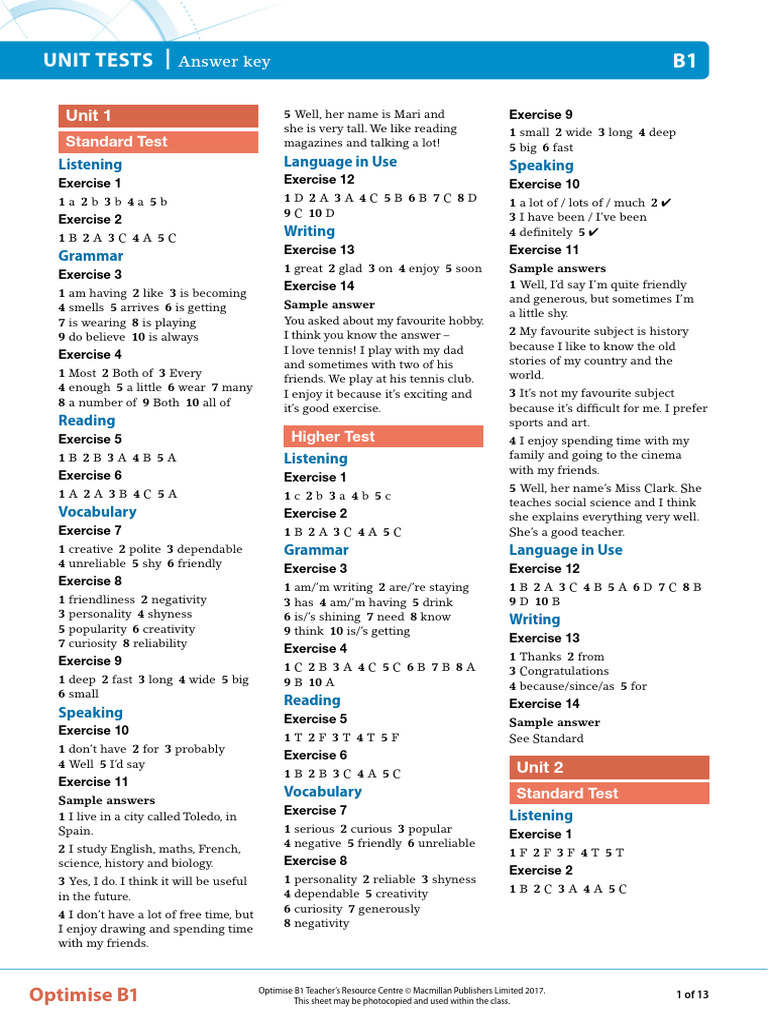 B1 Unit Tests Answer Key | PDF