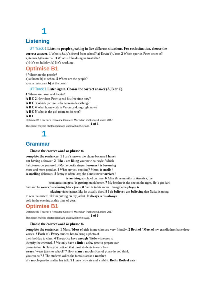 Opt B1 Unit Test 1 Standard Pdf Nonverbal Communication Body Language